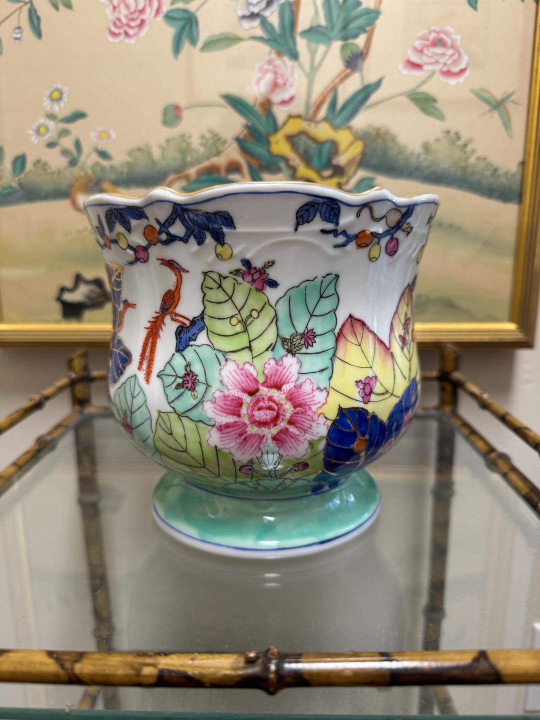 Chinoiserie Chinese Tobacco Leaf Porcelain Cachepot Pedestal Planter ...