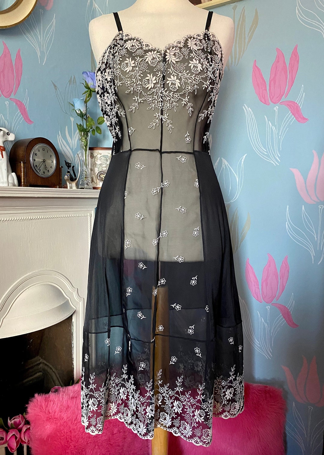 Vintage 1950s Black Petticoat, Full Slip, Cream Floral Flocking ...