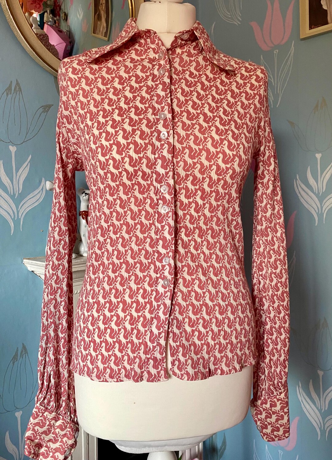 Vintage 1960s, 1970s John Craig Horse, Pony Print Ladies Shirt, Blouse ...