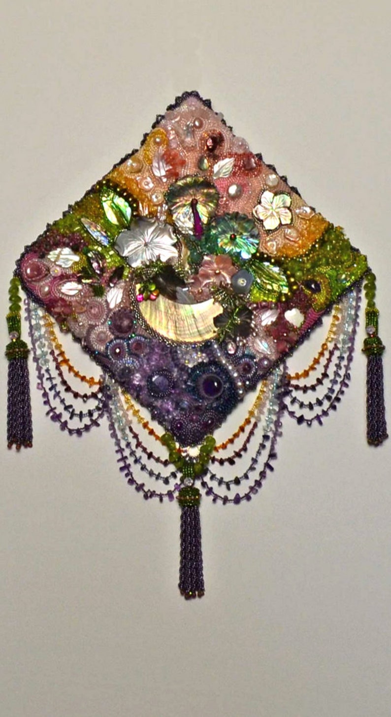 Bead Embroidery Tapestry, Floral Theme Wall Hanging, Colorful Beaded ...