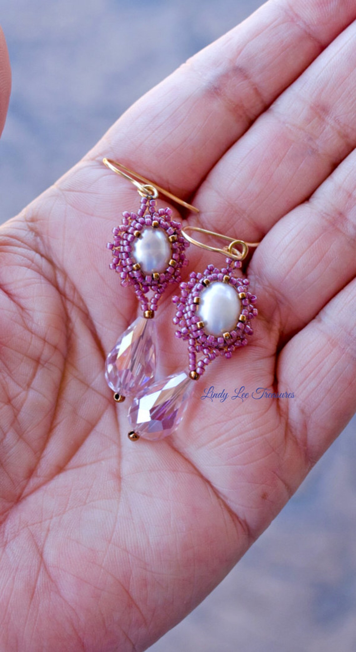 Pearl Earrings With Pink Seed Bead Bezels and Pink Crystal Drops ...