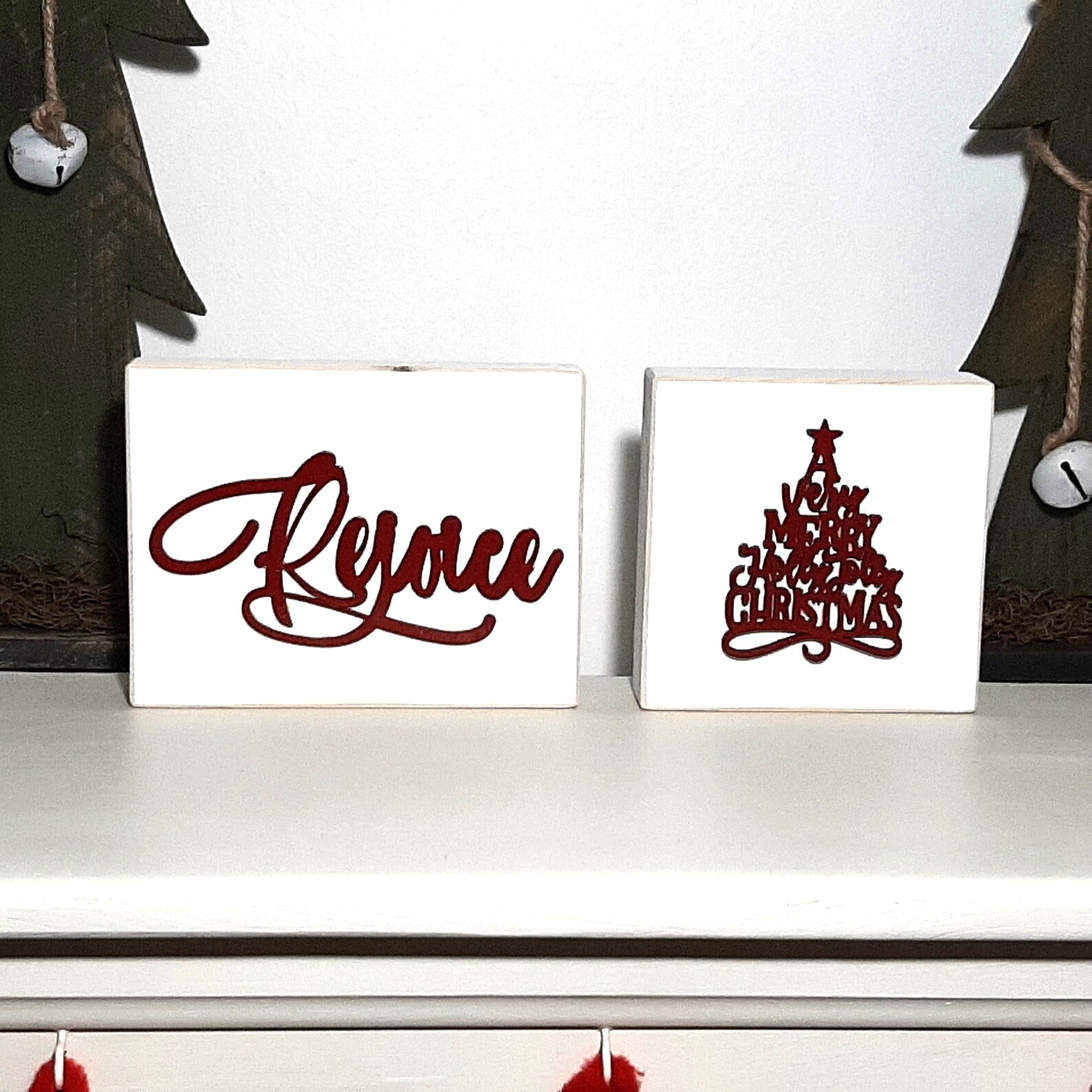 Christmas White Wood Chunky Block Sign, Peace Rejoice Joy Merry Tree ...