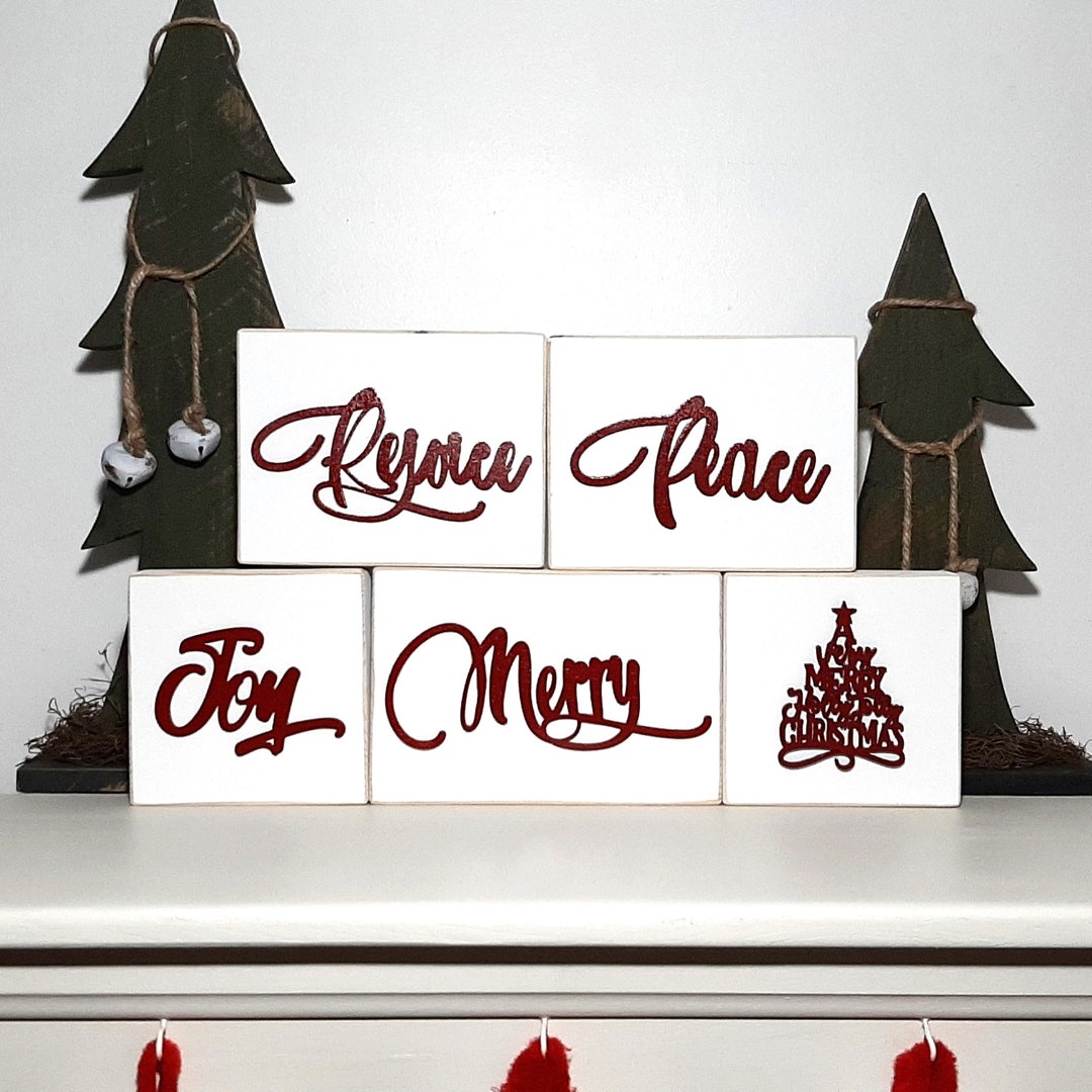 Christmas White Wood Chunky Block Sign, Peace Rejoice Joy Merry Tree ...