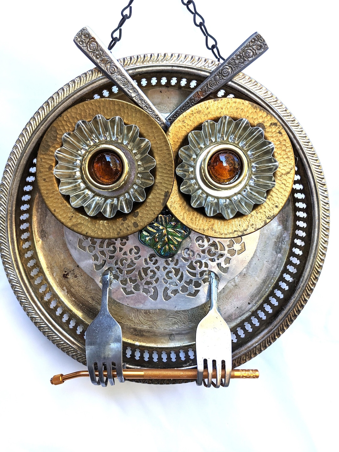 Metal Owl Handcrafted Sculpture Wall Decor Boho Shabby Chic Mixed Media ...
