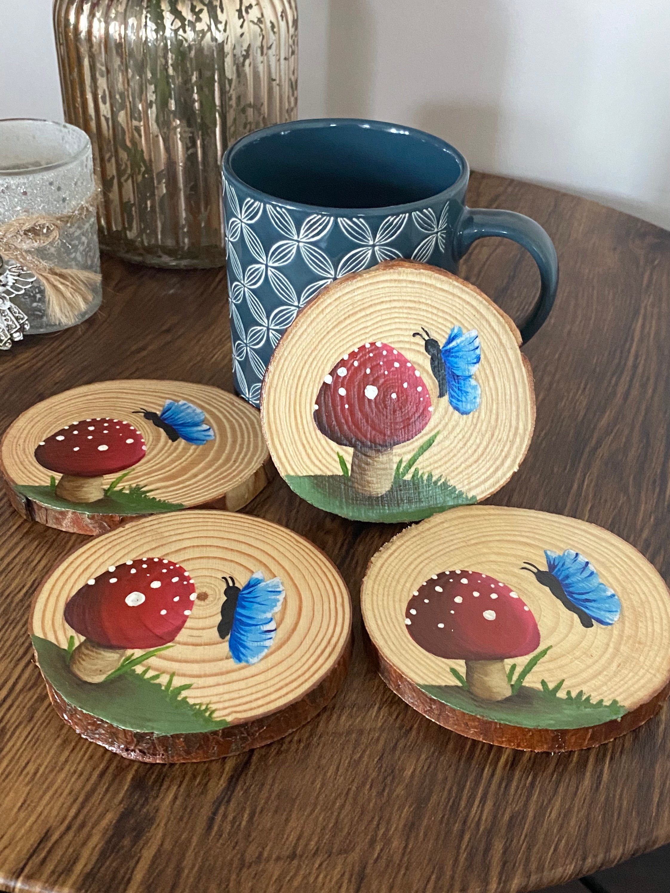 Hand Painted Wooden Coasters, Toadstool & Butterfly Coaster, Whimsical ...