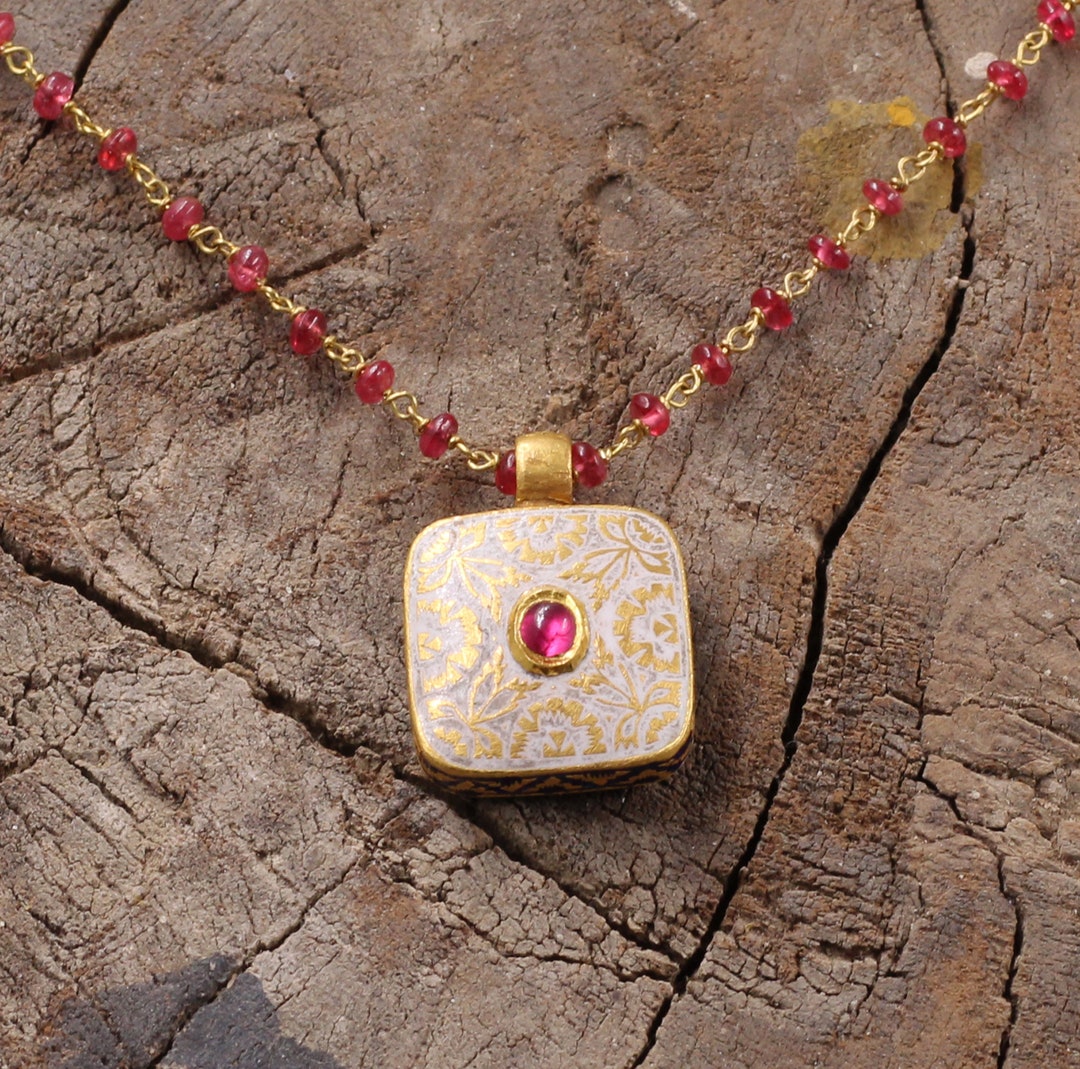 Solid Gold 22K Pendant With Ruby Stone Blue and White Enamel Meenakari ...