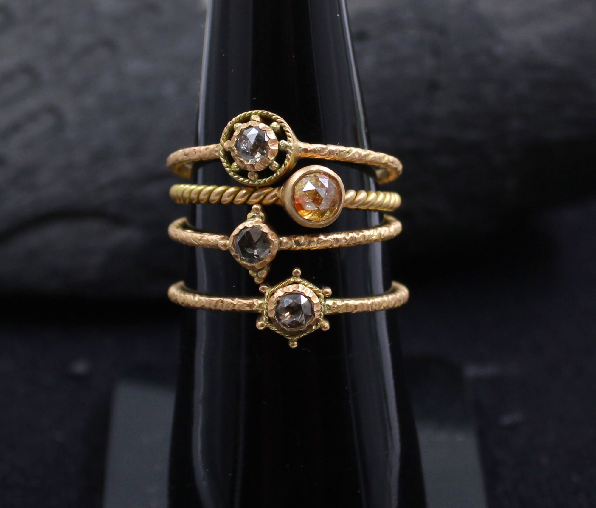 14K Gold Stack Rings With Natura Brown and Wihte Diamonds | Etsy