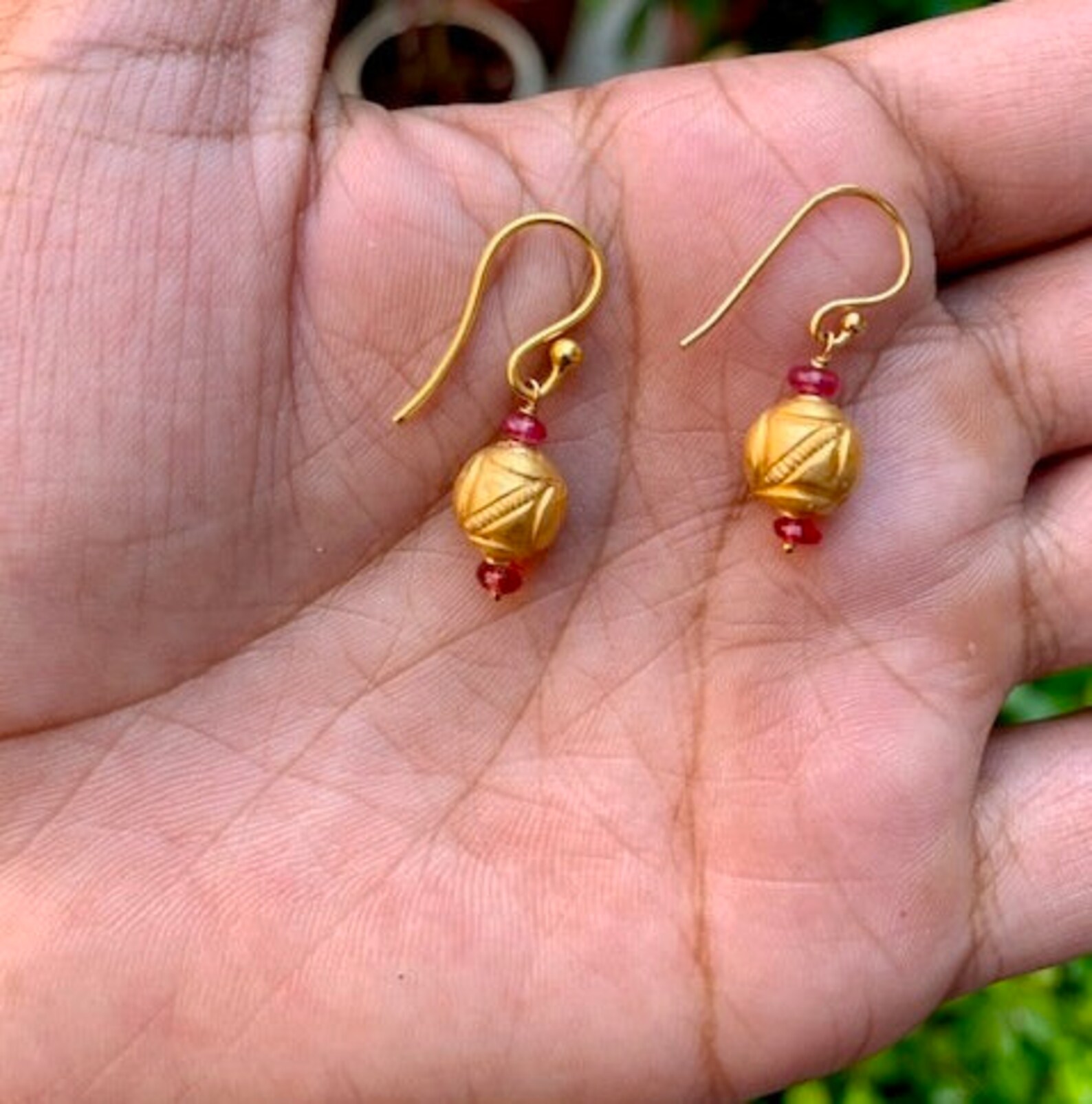 Gold 22K Ball Hook Earring With Pink Spinal Beads, Yellow Gold Earring ...