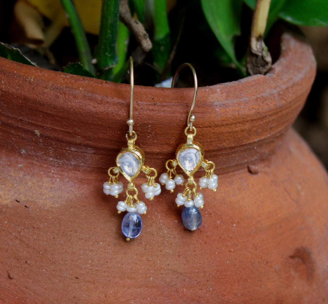 Earrings 22k solid gold diamond slices and tanzenite drops pearl kundan ...