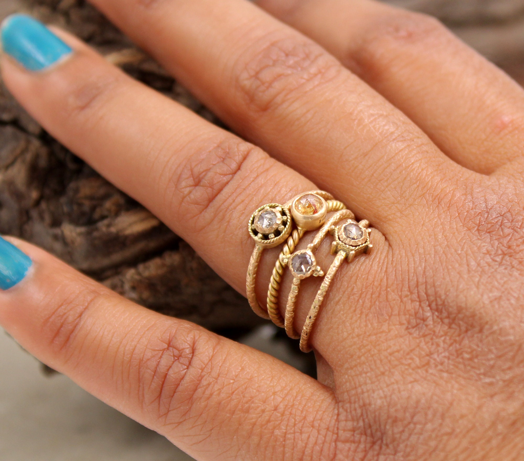 14K Gold Stack Rings With Natura Brown and Wihte Diamonds | Etsy