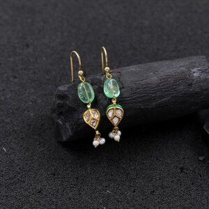 Hook Earring 22k Gold Real Diamond Polki and Emerald Bead and Pearl ...