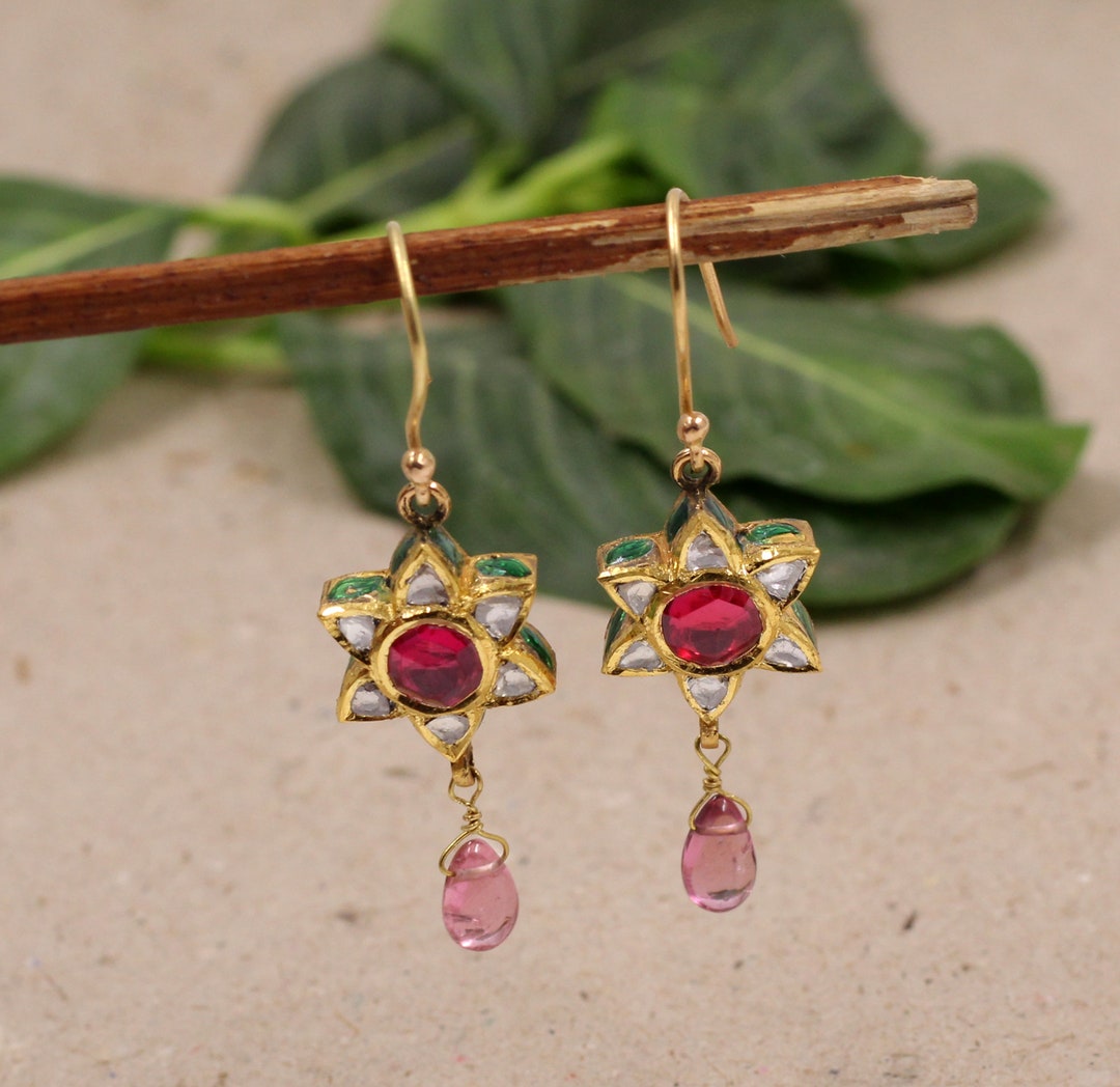 22K Gold Earring Studded With Diamond Ploki Slices, Glassfilled Ruby ...