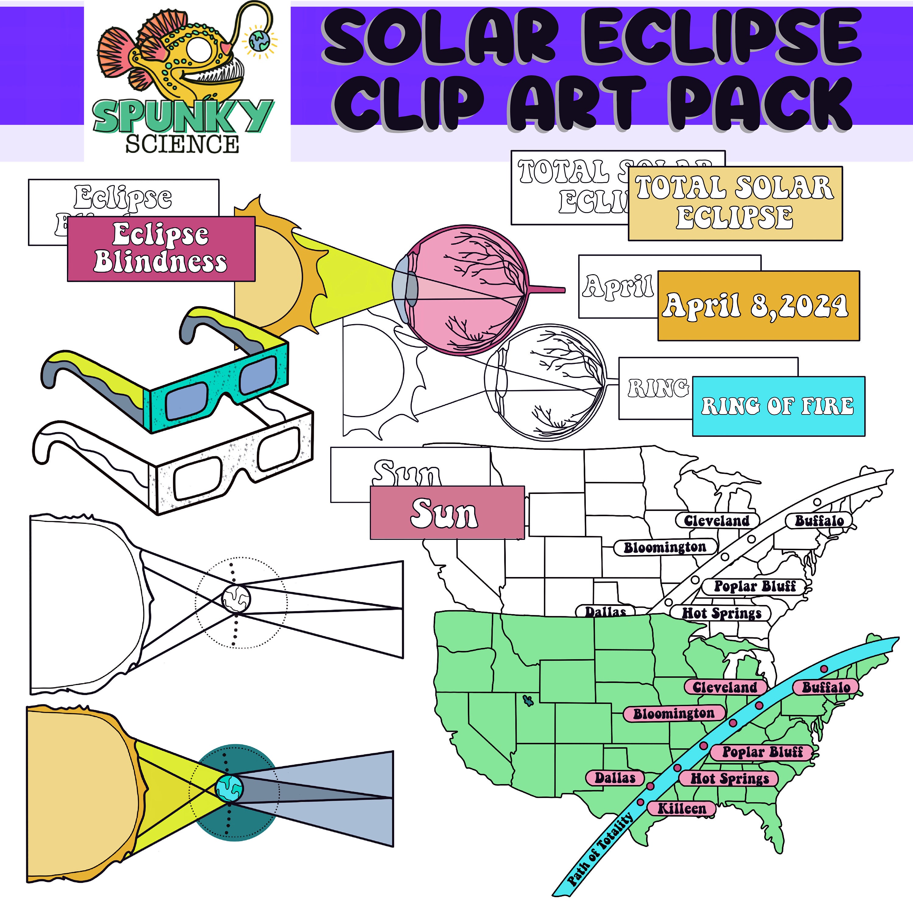 2024 Total Solar Eclipse 54 Piece Clip Art Set - Etsy