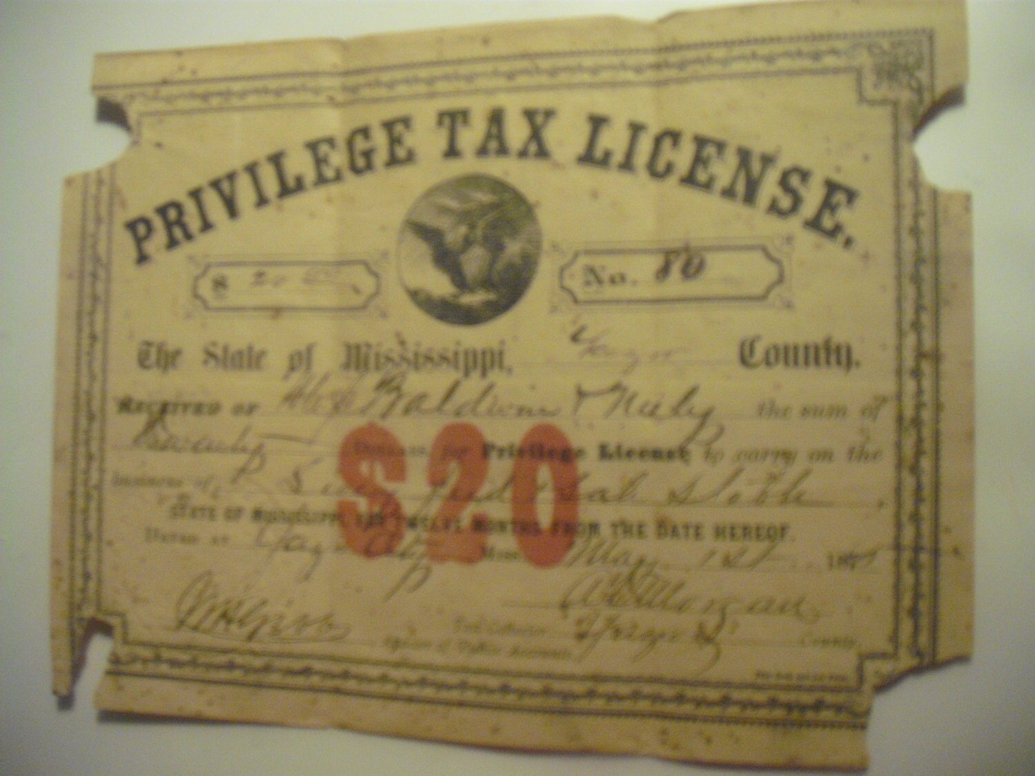 1875 Mississippi Privilege Tax License Yazoo County - Etsy