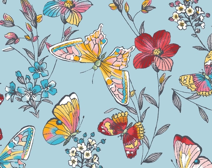 Meadow Edge, Butterflies Aqua MASD10004-Q, Butterfly and Floral Fabric ...