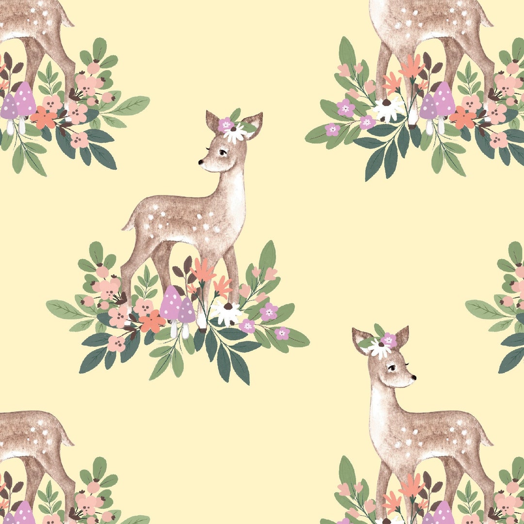 Deer Fabric, Floral Fabric, Mushroom Fabric, Woodland Wander Pink, Deer ...