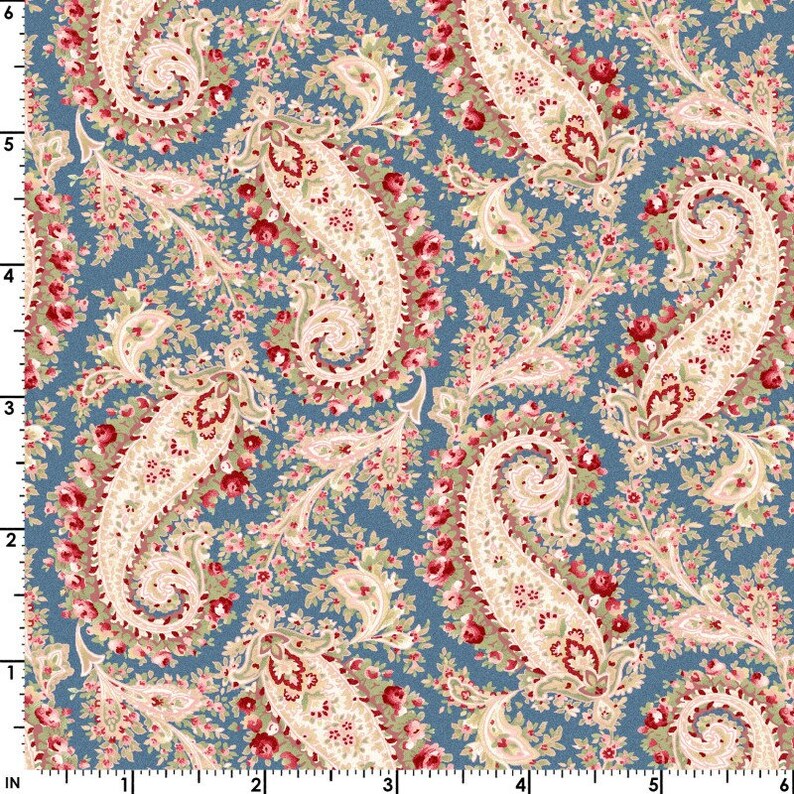 Blue Paisley Fabric Red Rose Fabric American Beauty Paisley - Etsy