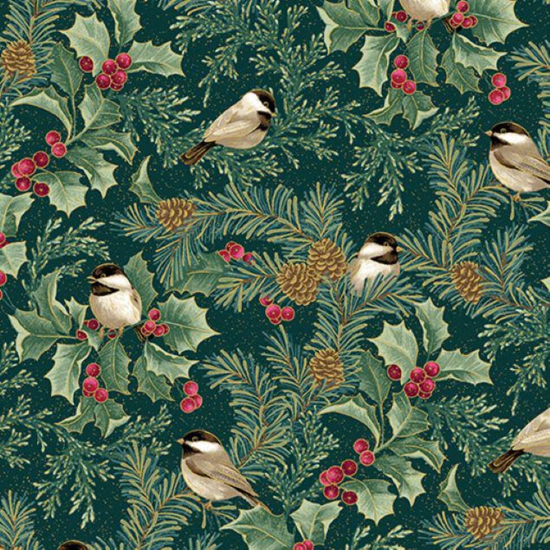 A Winter's Day, Winter Chickadees Dark Teal 16591M-85, Gold Metallic ...