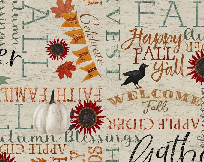 Fall Fabric, Autumn Fabric, Fall Theme Fabric, Fall Words Fabric, Happy ...