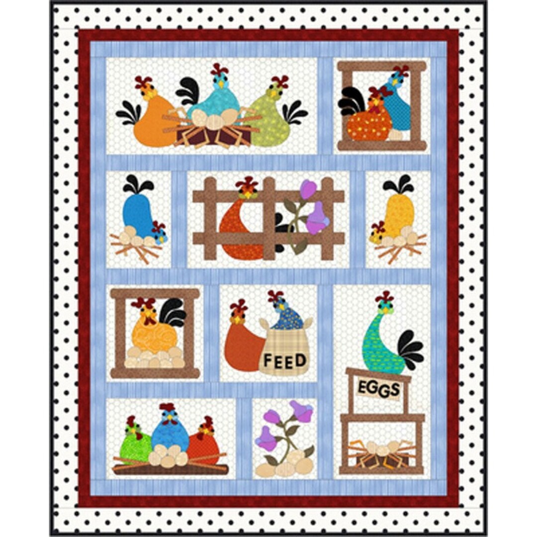 Hen Party Quilt Pattern, Chicken Applique, Hard Copy Pattern, Chicken Quilt Pattern, Hen and ...