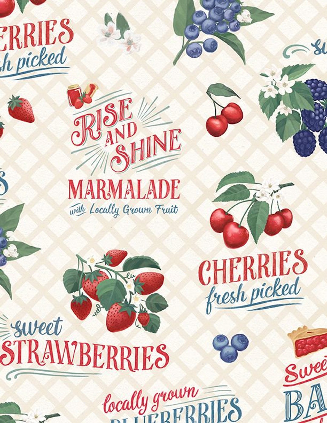 Berry Fabric, Strawberry Fabric, Fresh & Sweet, Large All Over Cream ...
