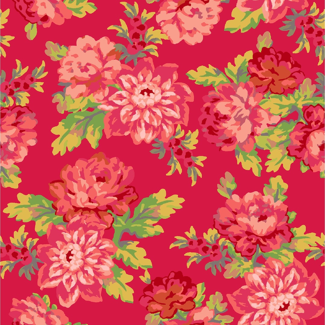 End of Bolt 12", Red Floral Fabric, Red Flowers Pink Floral Sweet ...