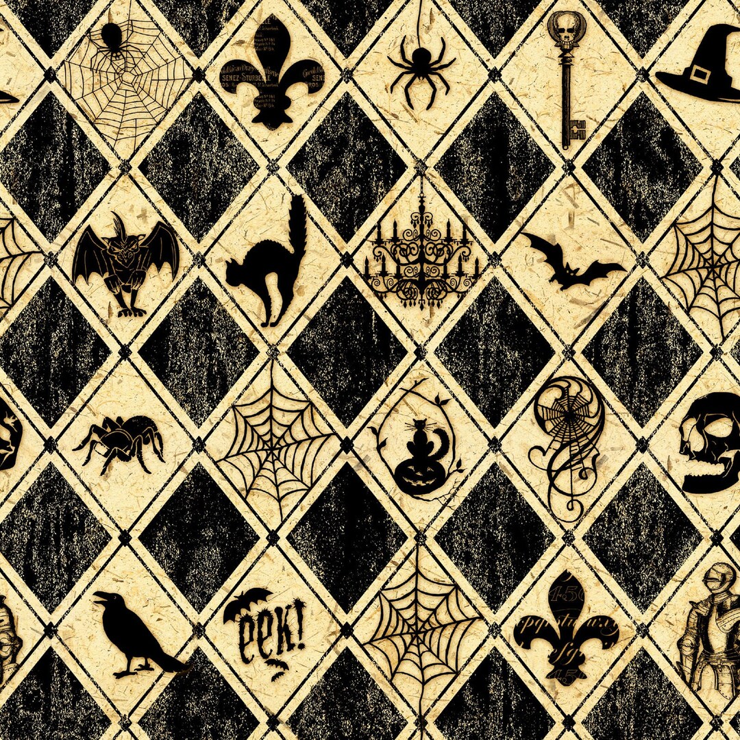 Skeleton Key, Gargoyle Fabric, Spider Web, Halloween Cotton, Spooky ...