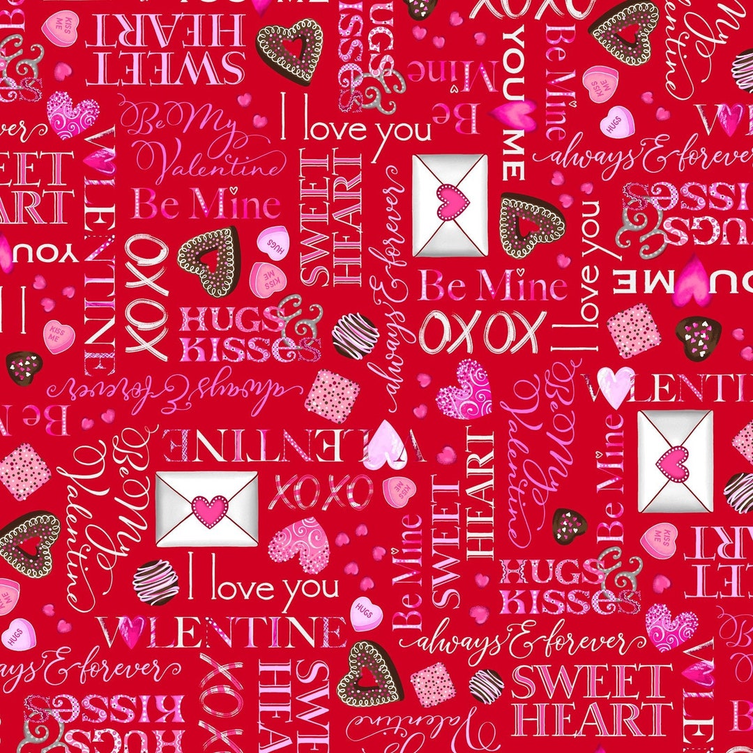 Love Word Fabric, Text Fabric, Hugs & Kisses, Valentine Words, Red ...