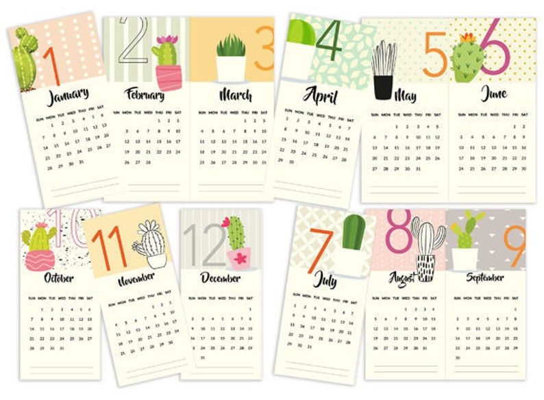 Digital Printable File, 2018 Calendar, Cactus Design, 2018 Illustrated ...
