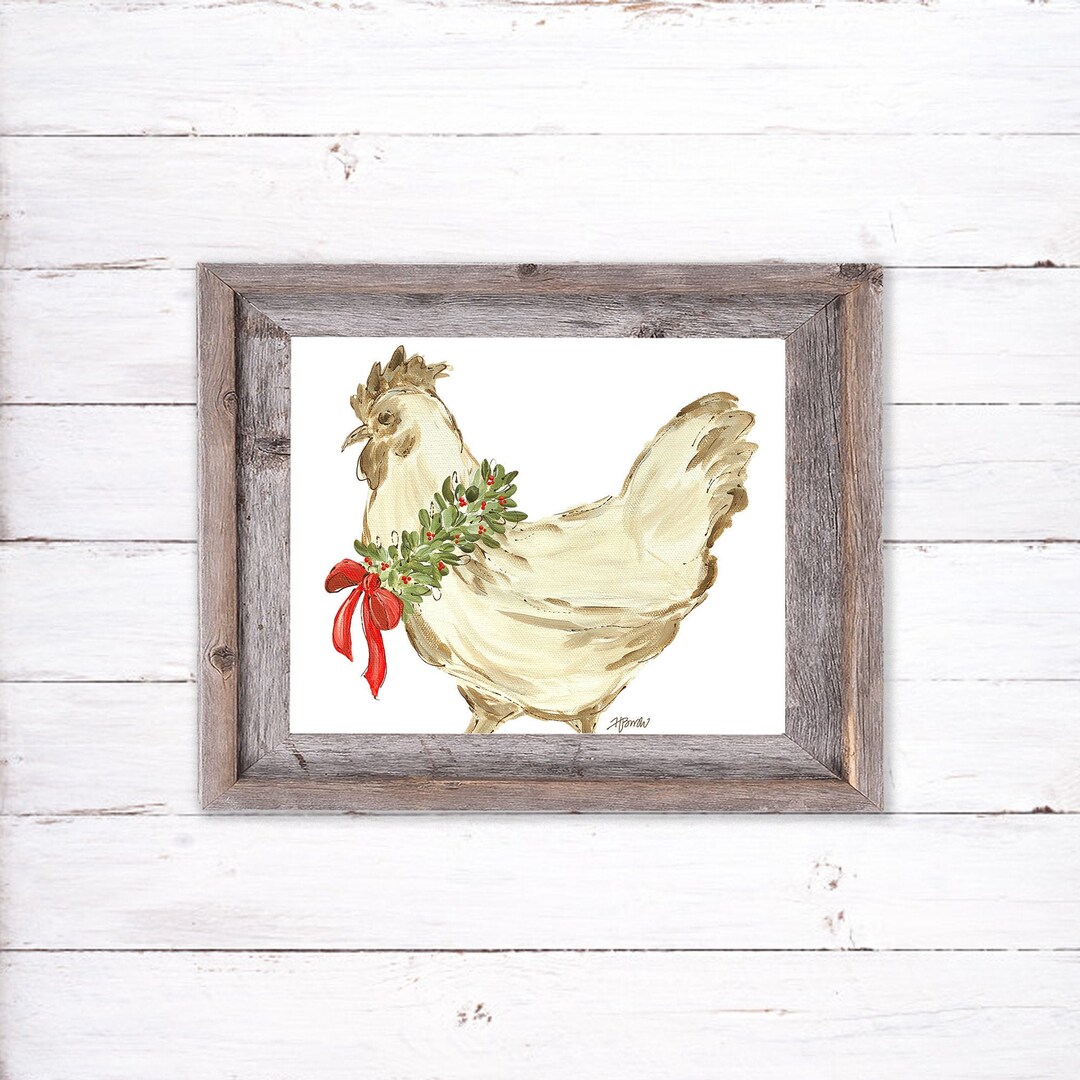 Christmas Chicken Art Print, Farm Animal Christmas, Christmas Decor ...