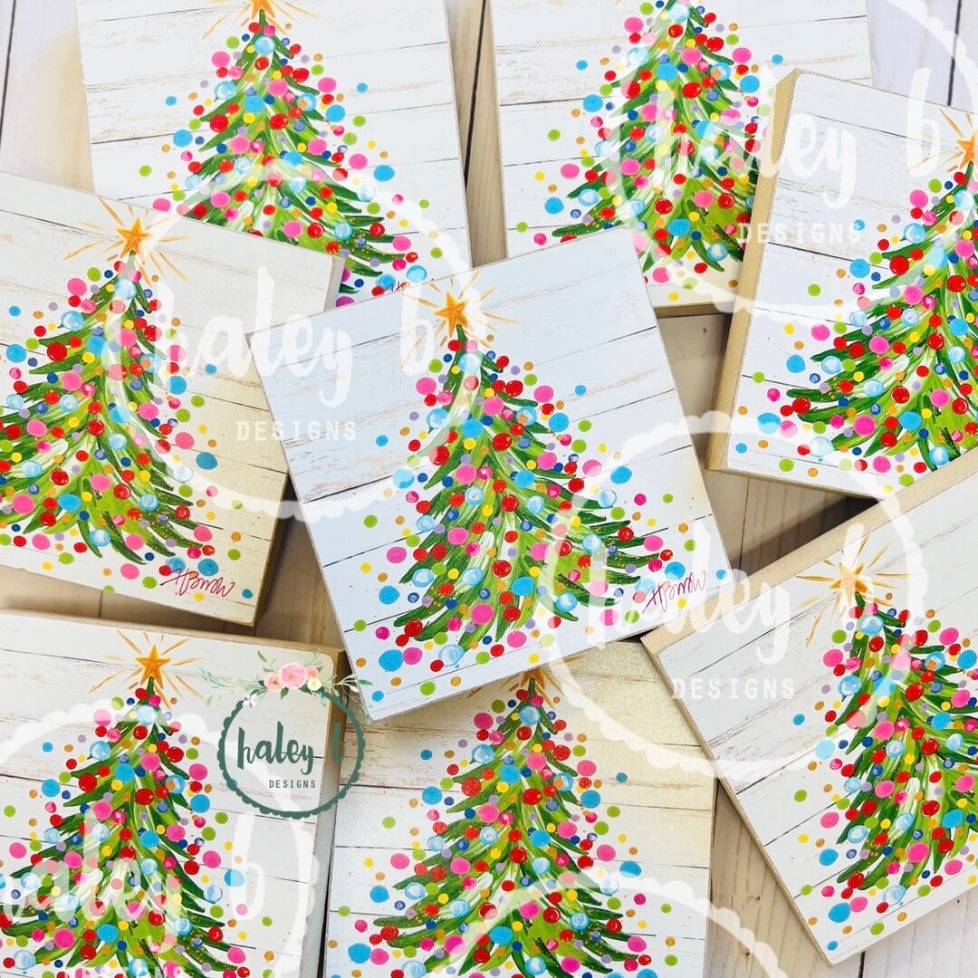 Colorful Christmas Tree Art Block, Christmas Painting, Colorful ...