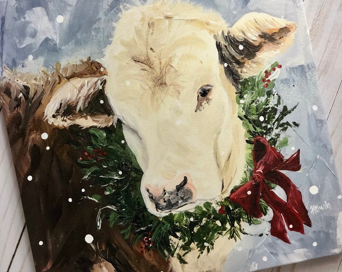 Christmas Cow Art Print, Cow Painting, Cow Art, Christmas Cow, Cow With ...
