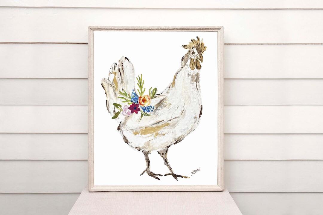 Chicken With Floral, Chicken Art Print, Nursery Art, Rooster Decor ...