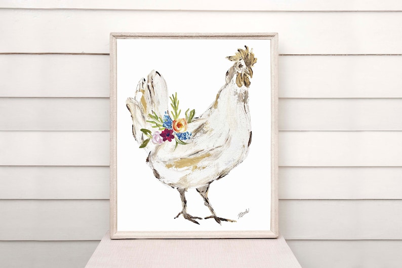 Chicken with Floral Chicken Art Print Nursery Art Rooster | Etsy