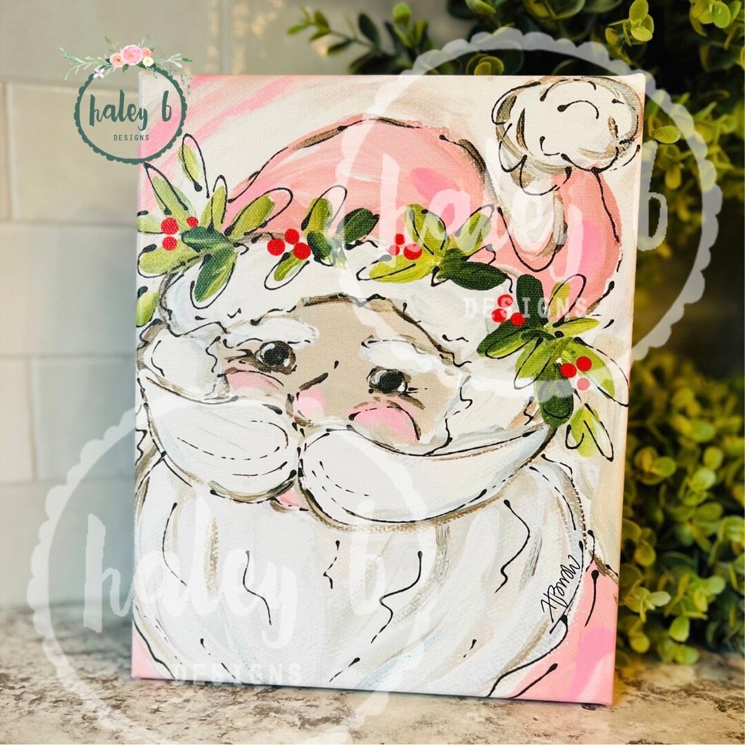 Pink Santa Art Print, Santa Decor, Santa Painting, Pink Christmas ...