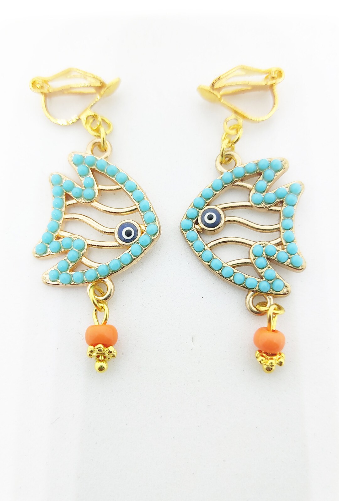 Handmade Gold Fish Evil Eyes Clip on Earrings, Blue Fish With Evil Eye ...