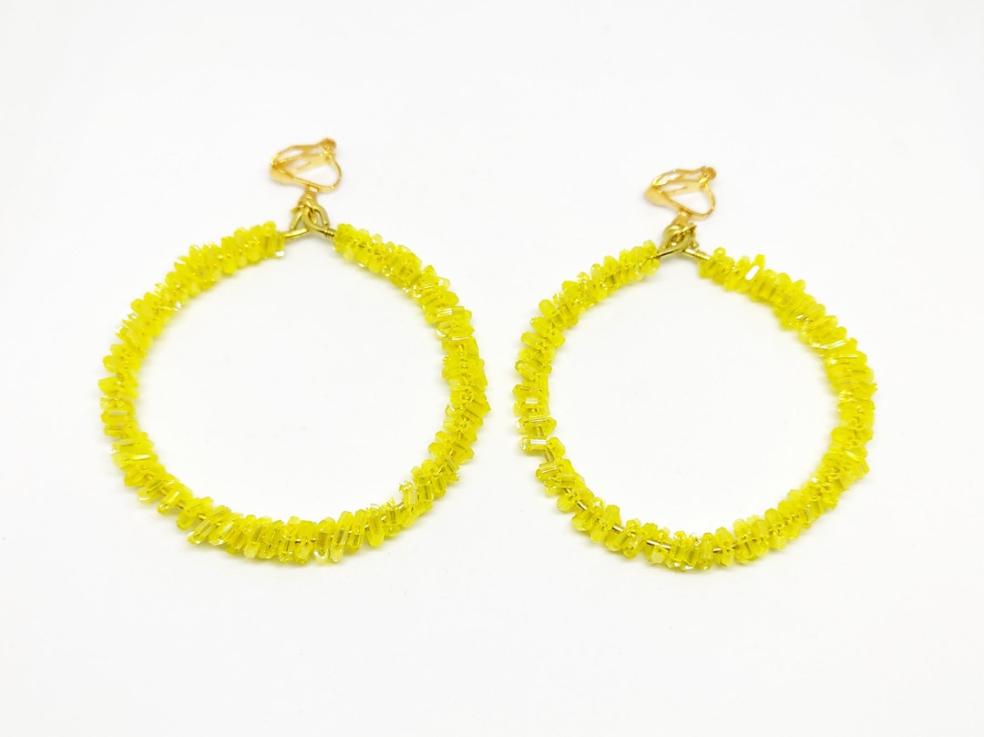 Handmade Yellow Hoop Earrings, Yellow Glass Beaded Clip on Earrings ...