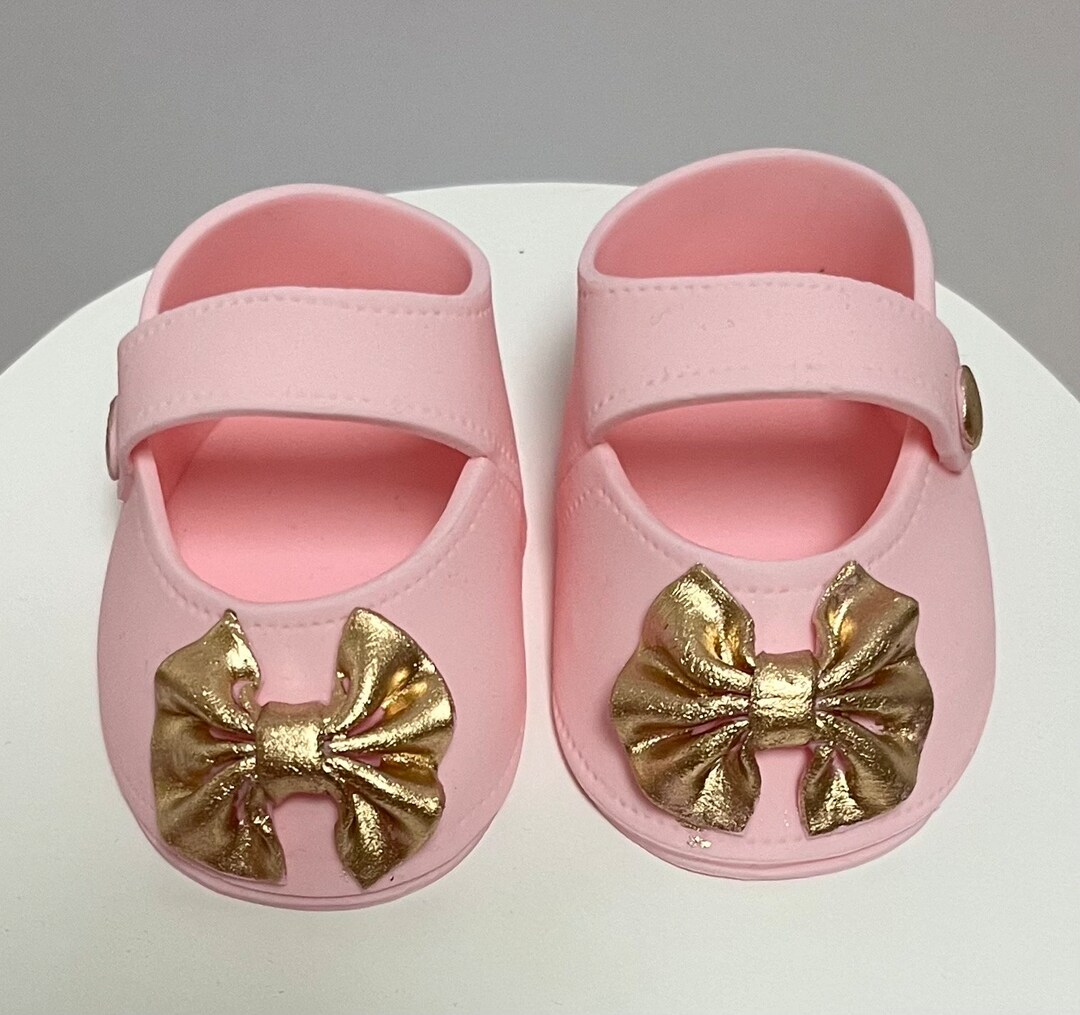 Pink Fondant Shoes With Gold Bows - Baby Shower Cake Topper. - Etsy