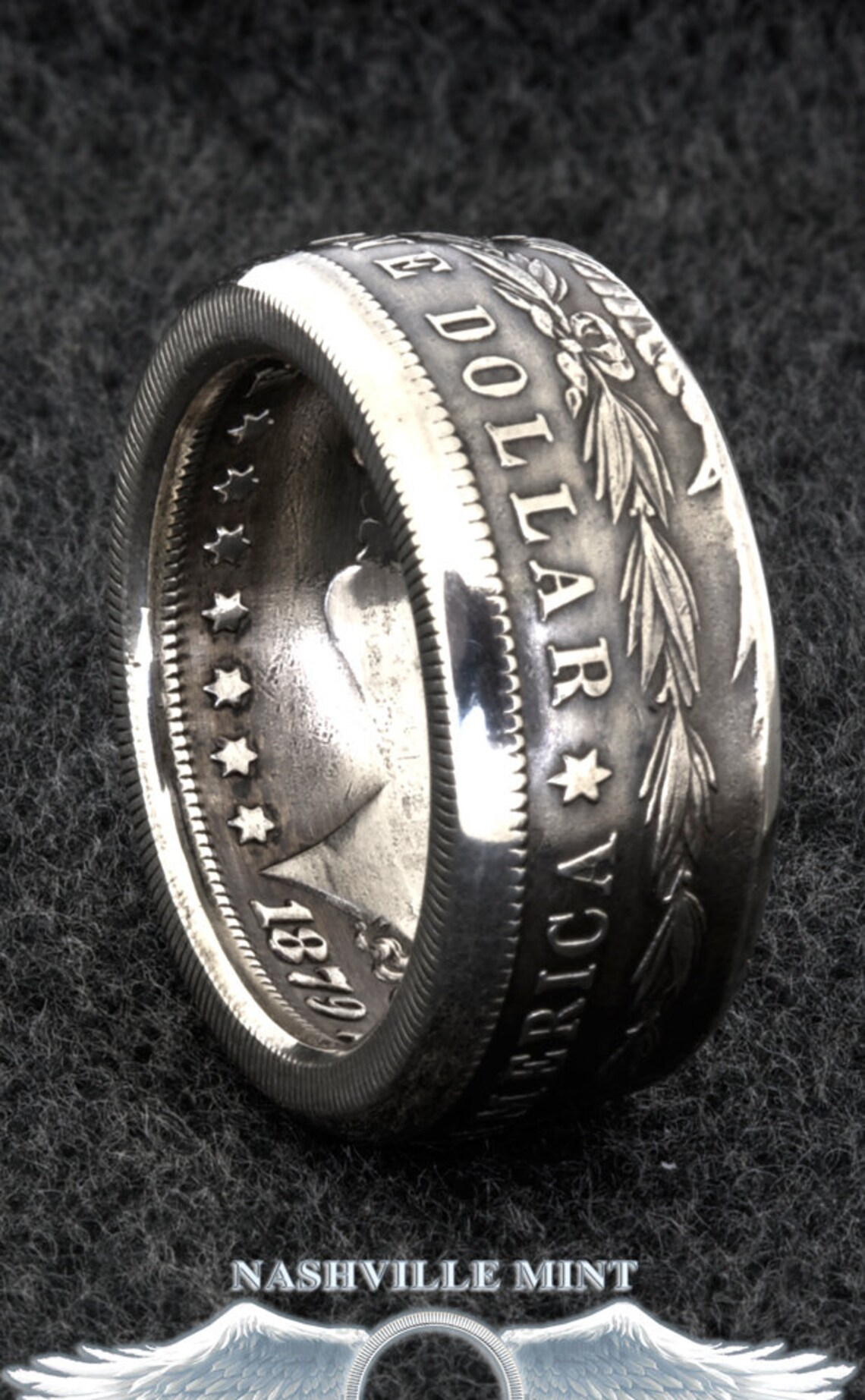 1883 Silver Morgan Dollar Coin Ring Wedding Band 12mm Wide Sizes 9-23 ...