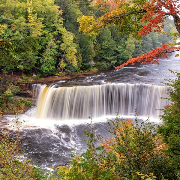 Manabezho Falls in Autumn on the Presque Isle River at Porcupine ...