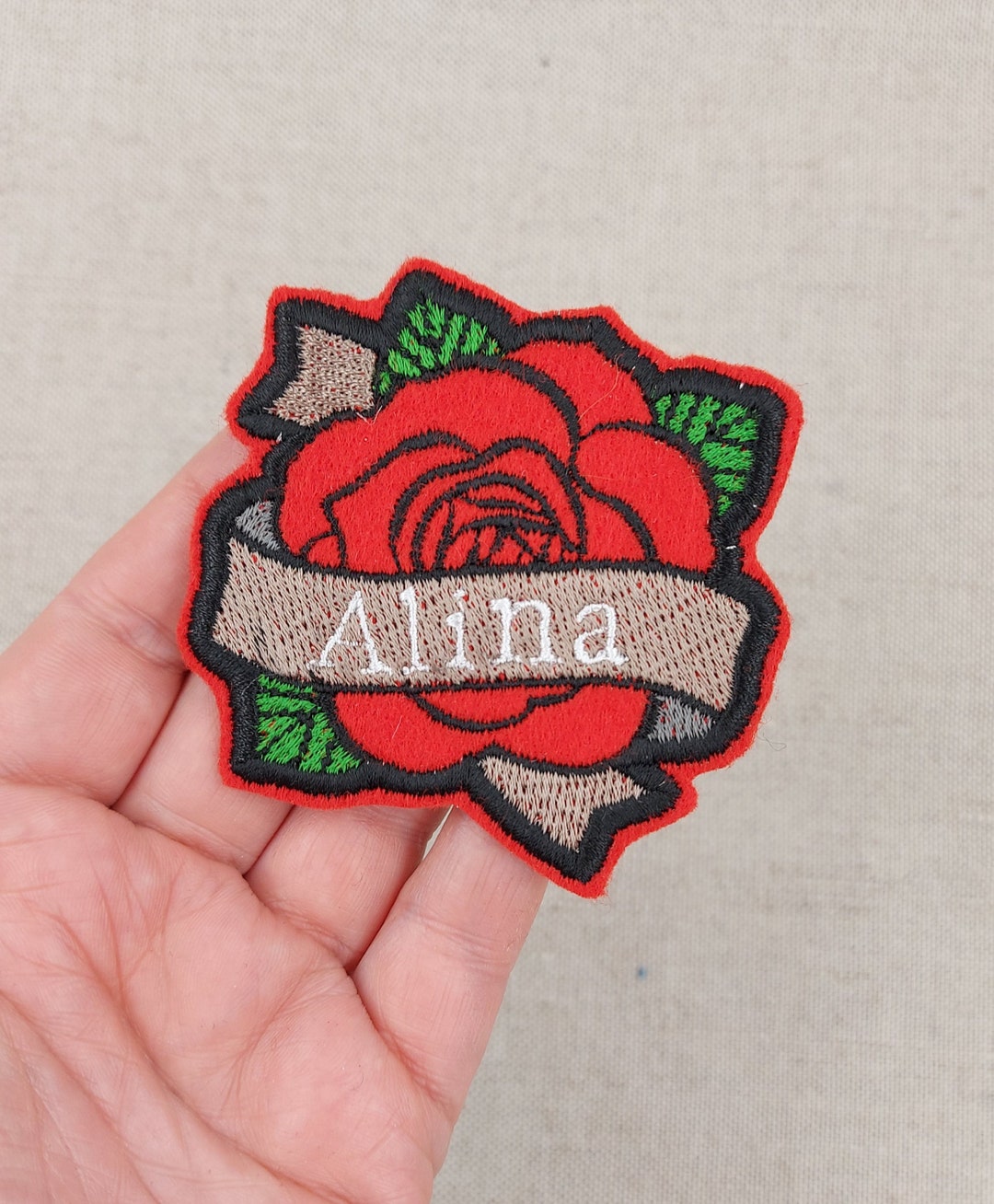 Custom Embroidered Iron on Name Patch, Red Pink Rose, Velcro Patch for ...