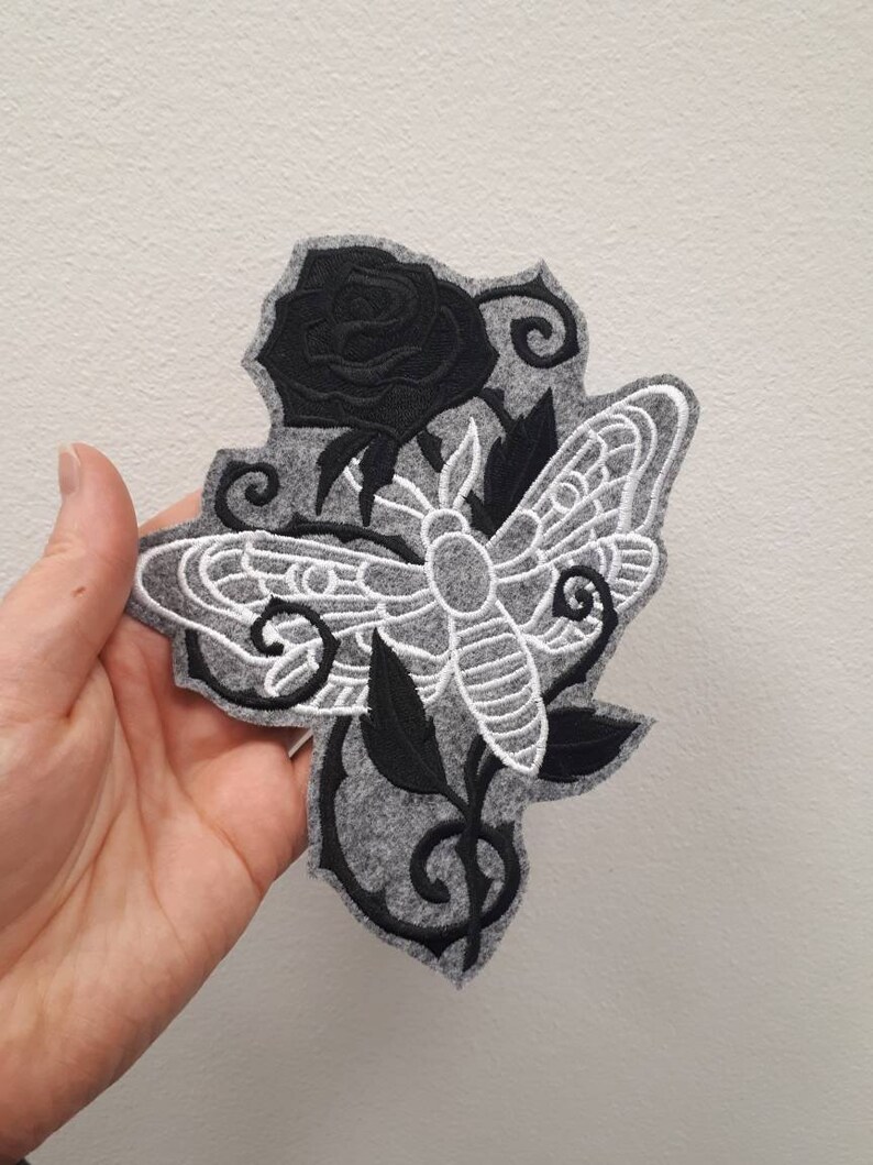 Moth Black Rose Iron on Patch for Jackets | Etsy