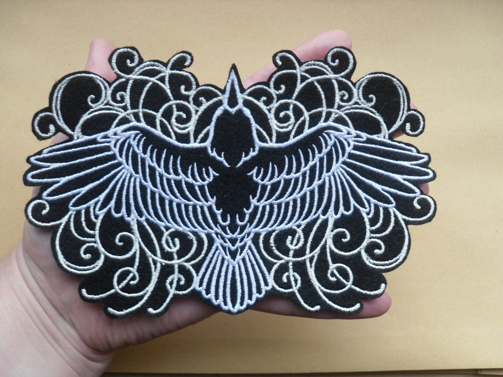 Scrolled Raven Iron on Patch Large Patch Halloween Applique - Etsy