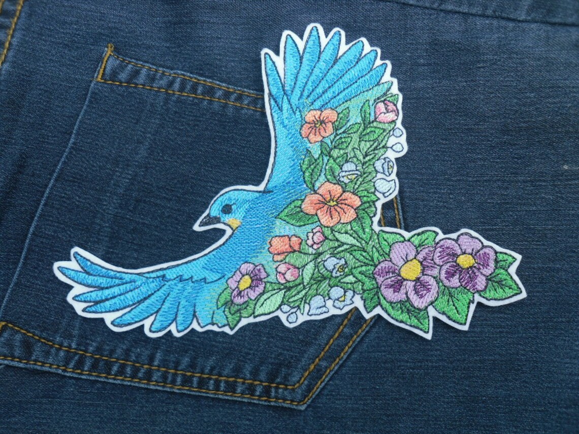 Bluebird Iron on Patch for Jackets, Flowers Patches, Bird in Flowers ...