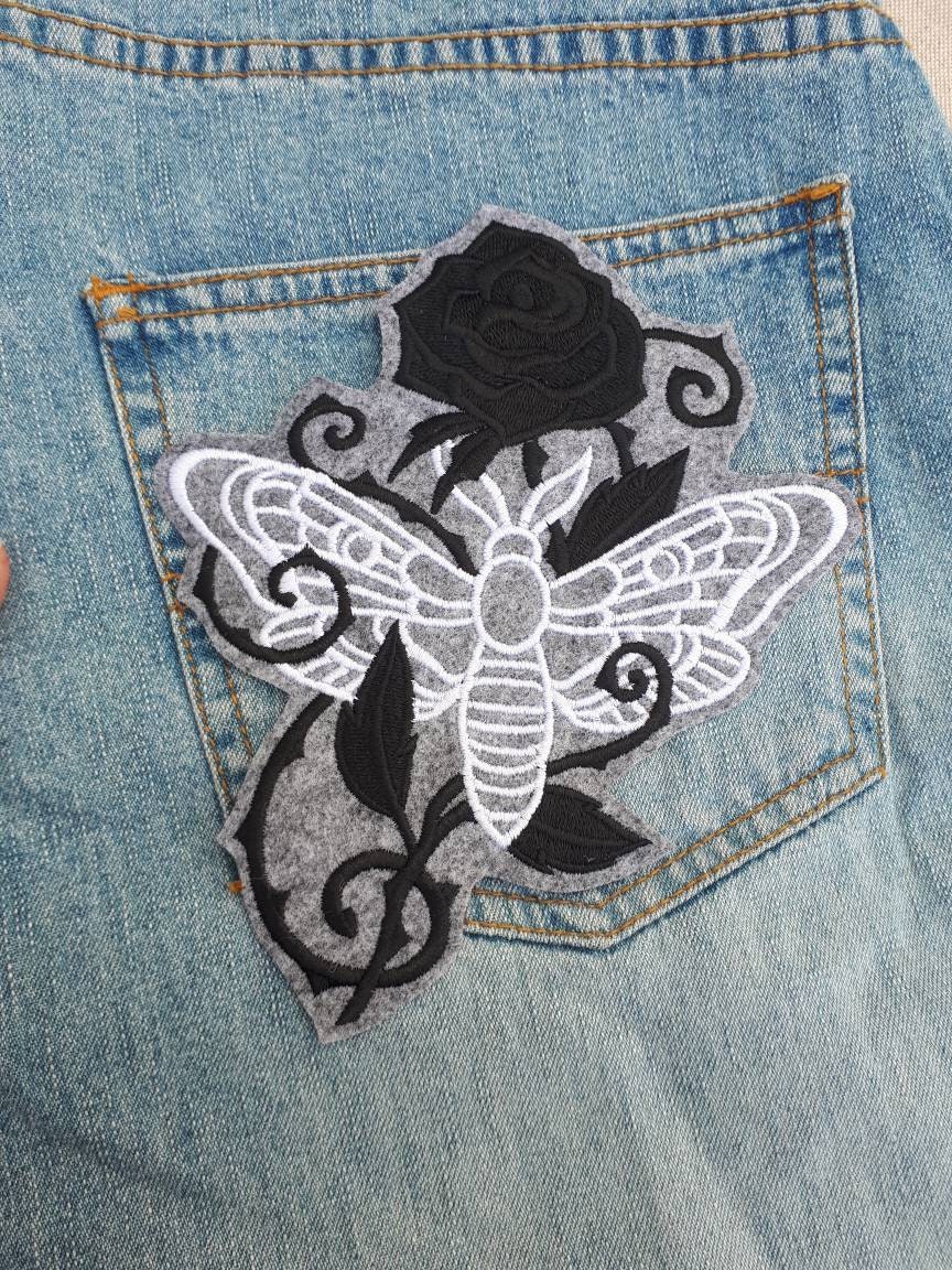 Moth black rose iron on patch for jackets | Etsy