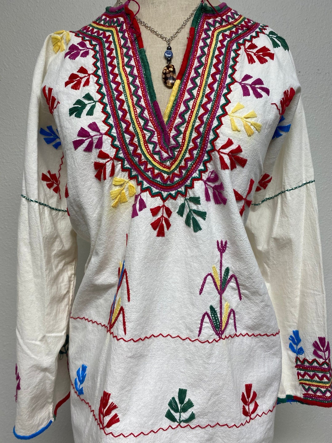 Chamula Embroidered Blouse Mexican Hand Made Boho Hippie Huipil Multicolor Native Size L Womens ...