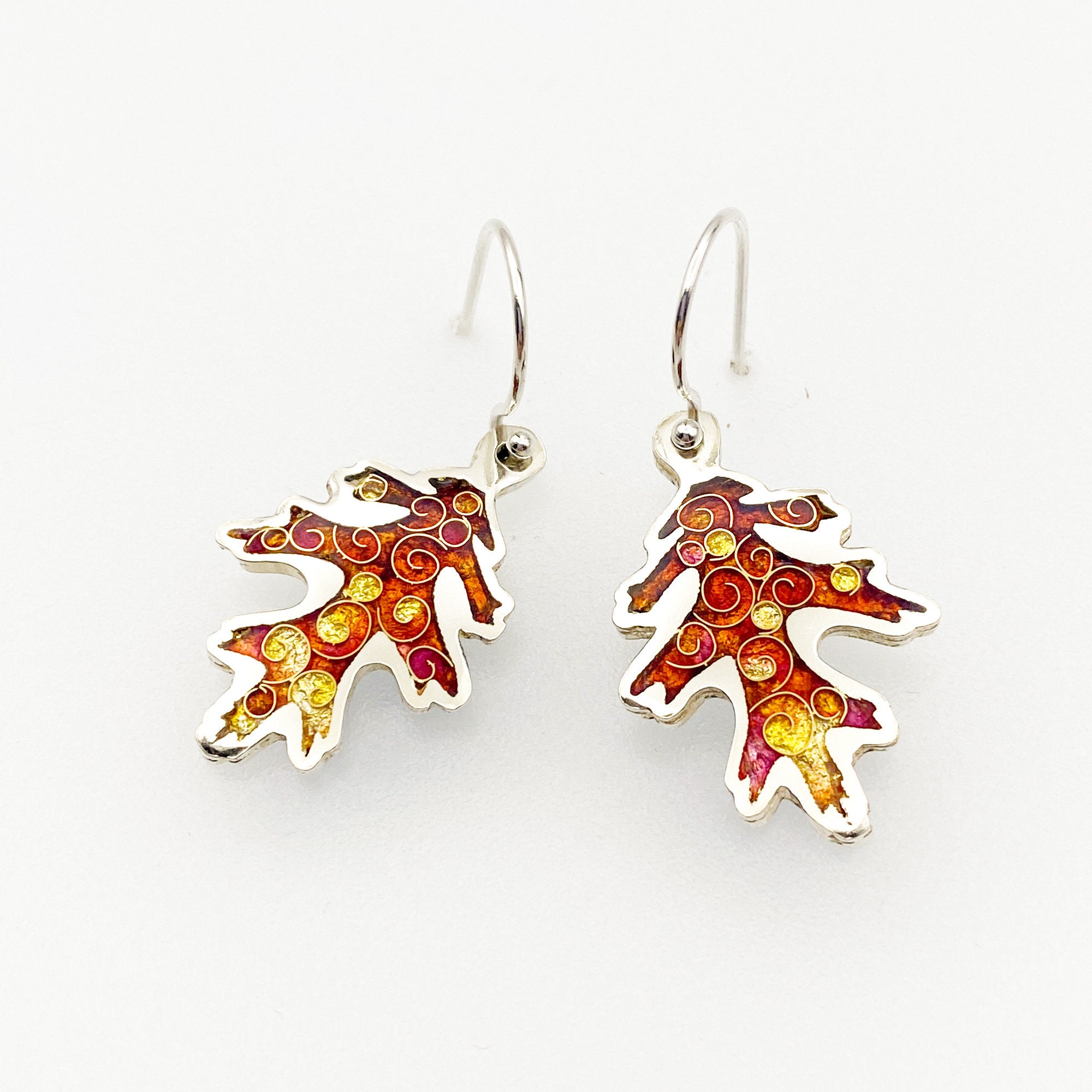 Ruby Red Leaf Dangle Earrings - 24k Gold Wire Work Cloisonné ...