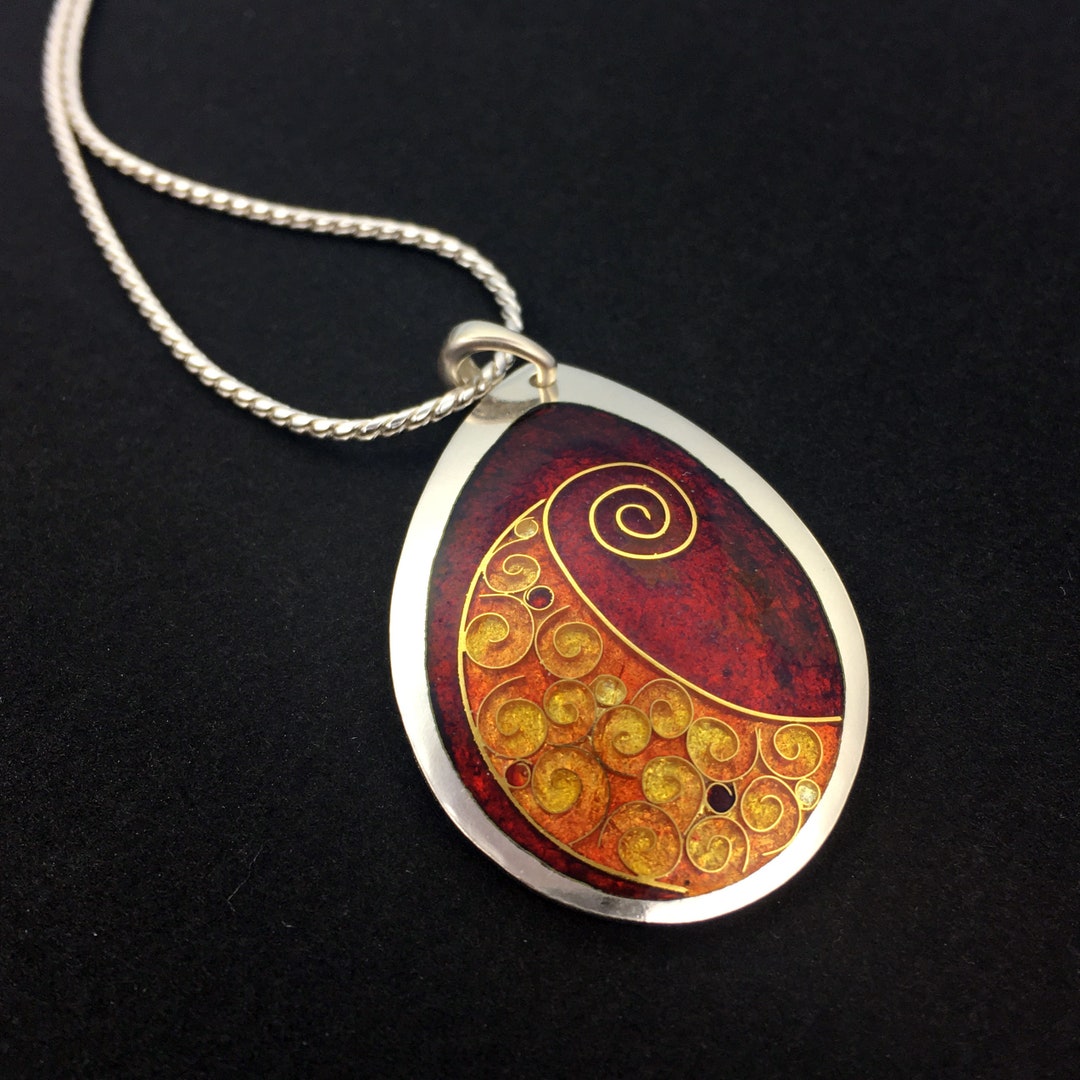 Ruby Red Wave Pendant – Cloisonné & Champlevé Enamel Necklace W 24K ...