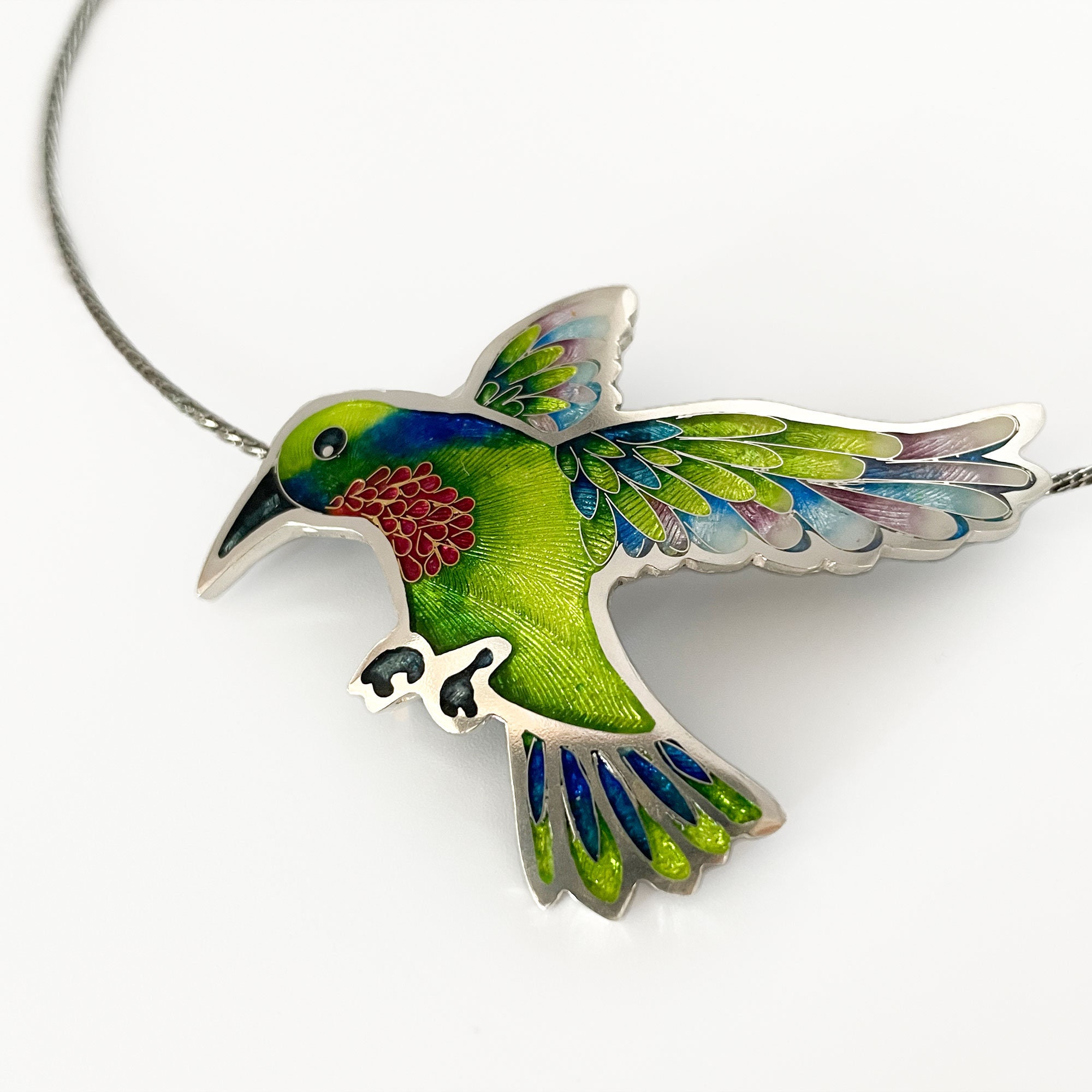 Vibrant Green and Blue HUMMINGBIRD Cloisonne & Champleve Enamel Pendant ...