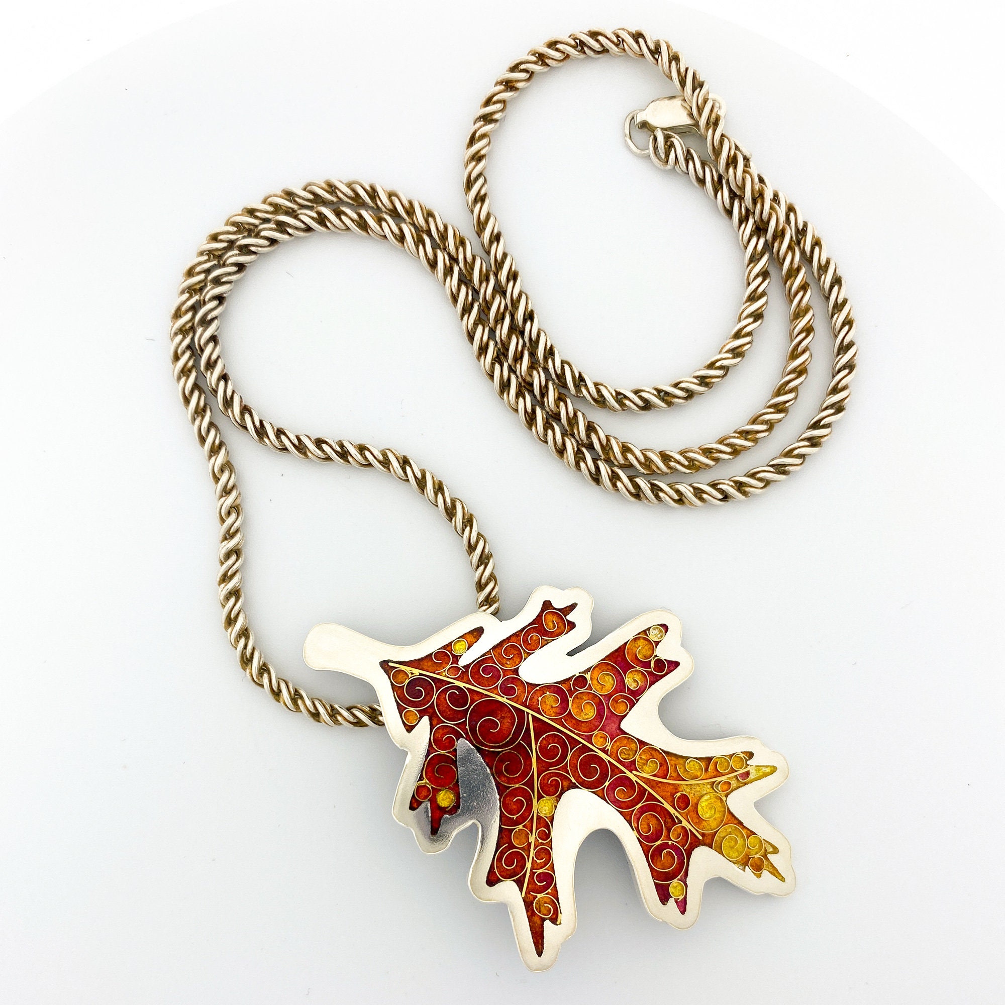 Ruby Autumn Leaf Cloisonne & Champleve Enamel Pendant W 24k Gold ...